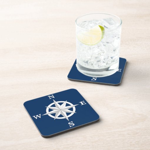 8-Point Compass Rose, White and Navy Blue Coaster | Zazzle