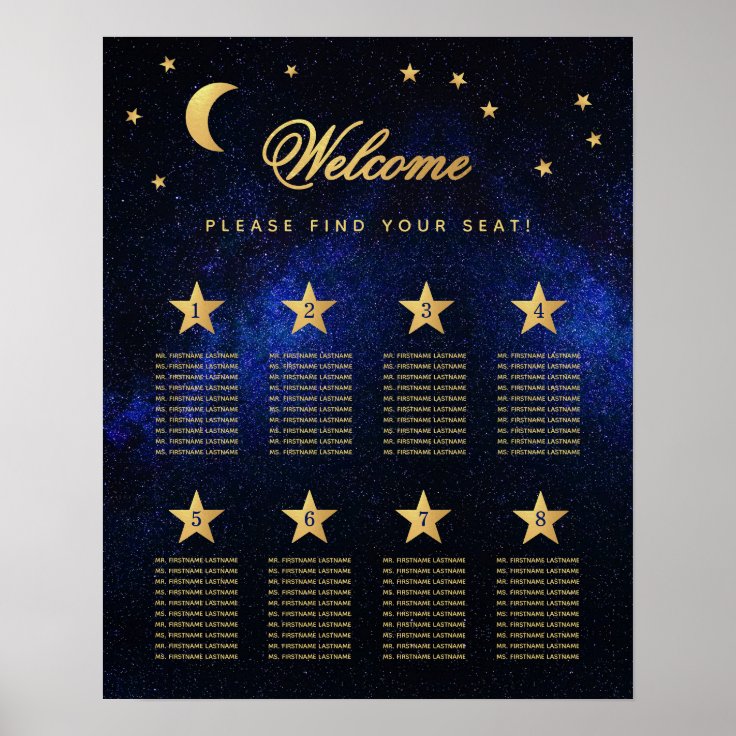 8 Table Blue Gold Celestial Wedding Seating Chart | Zazzle