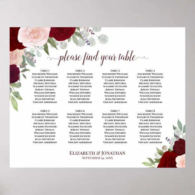 8 Table Burgundy, Red & Pink Roses Seating Chart | Zazzle