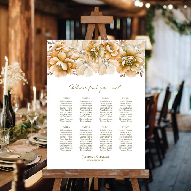 8 Table Orange Floral Wedding Seating Chart Foam Board | Zazzle