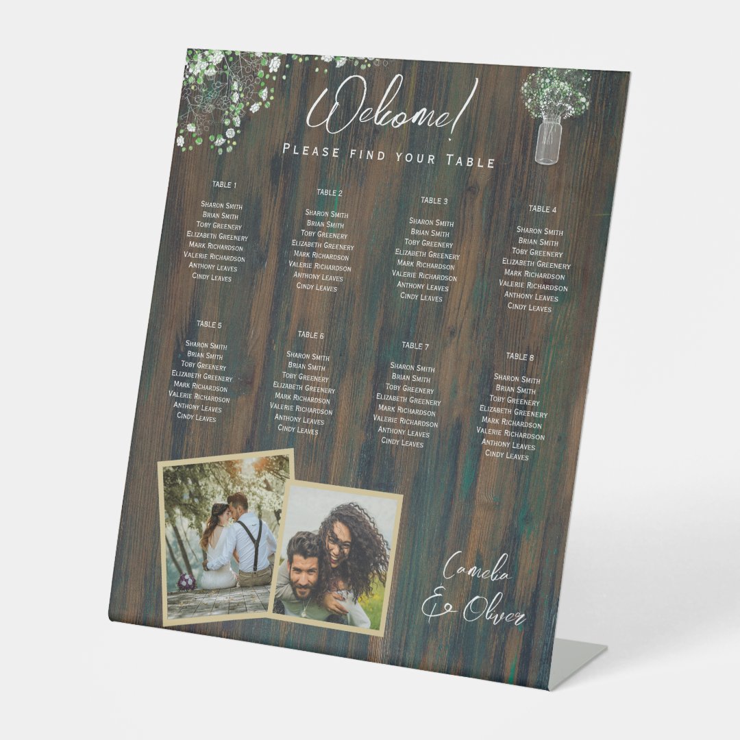 8 Table Rustic Wood Gypsophila PHOTO SEATING Pedestal Sign | Zazzle