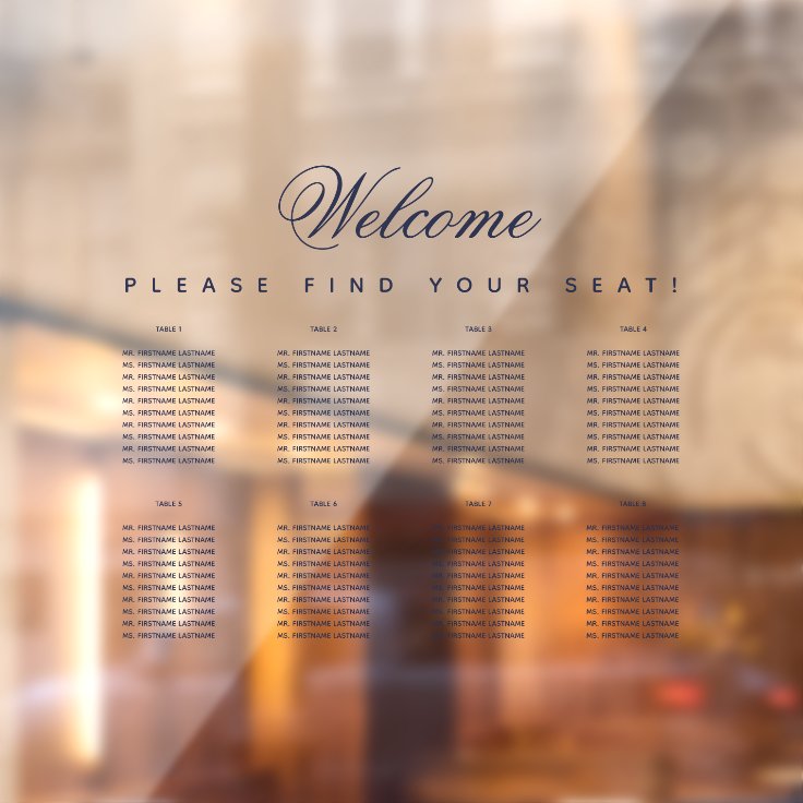 8 Table Transparent Navy Blue Script Seating Chart Window Cling | Zazzle