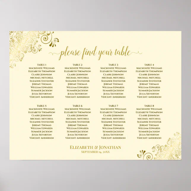 8 Table Wedding Seating Chart Gold Frills on Cream | Zazzle