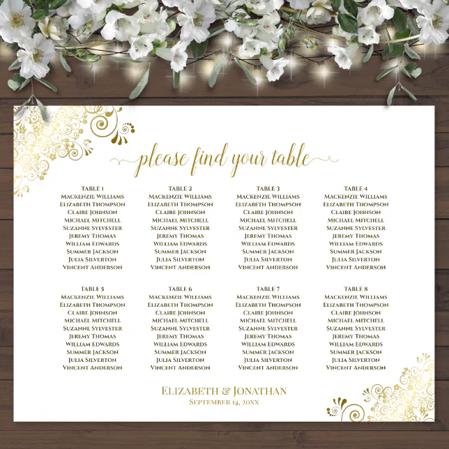 8 Table Wedding Seating Chart Gold Frills on White | Zazzle