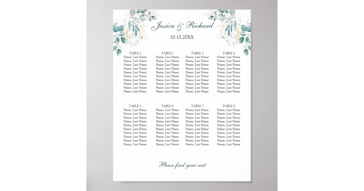 8 Tables Seating Chart Poster Sign | Zazzle
