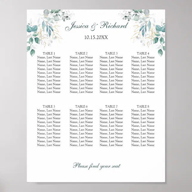 8 Tables Seating Chart Poster Sign | Zazzle
