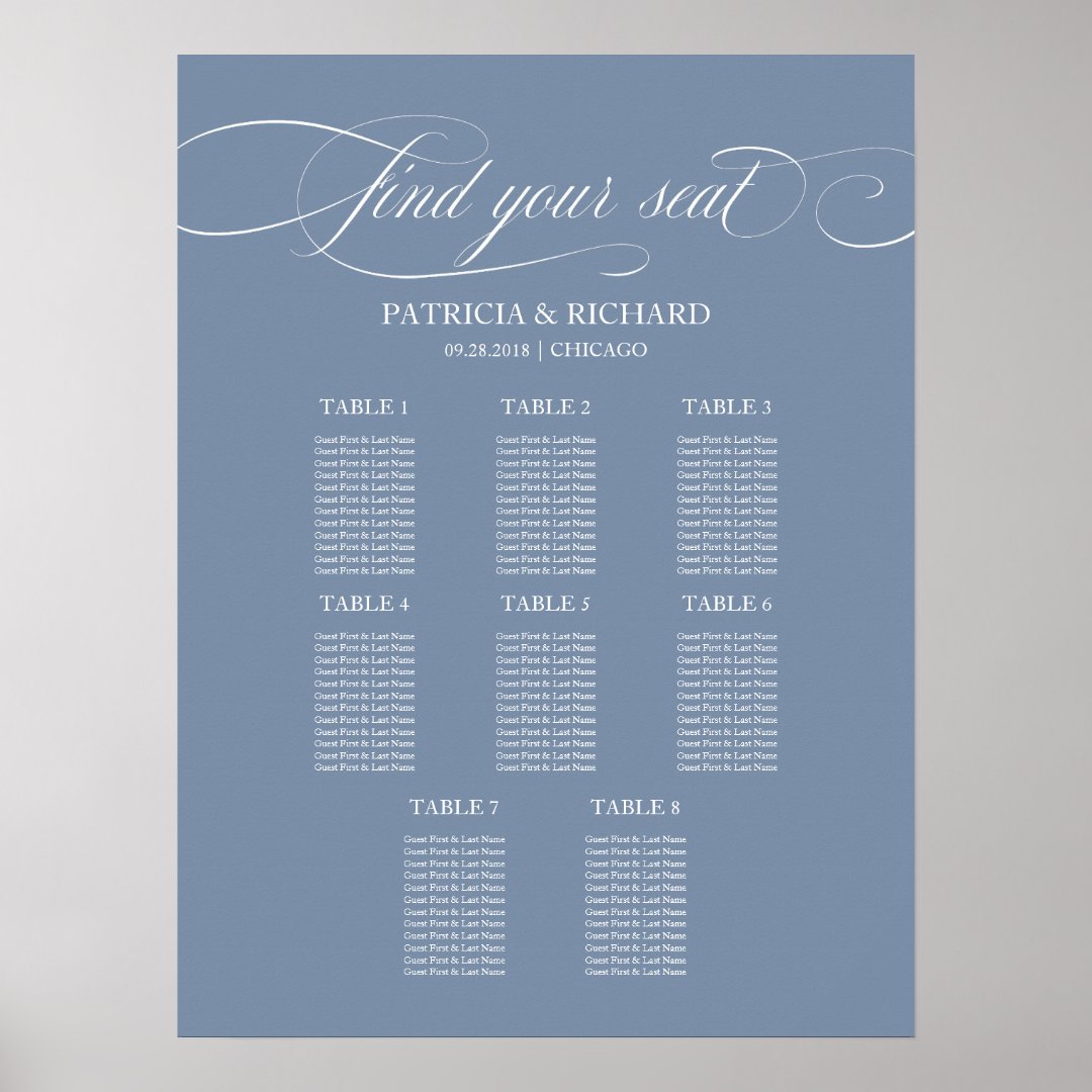 8 Tables Wedding Seating Chart Board Dusty Blue | Zazzle