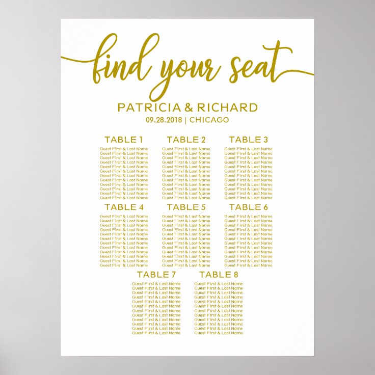 8 Tables Wedding Seating Chart Gold Calligraphy | Zazzle