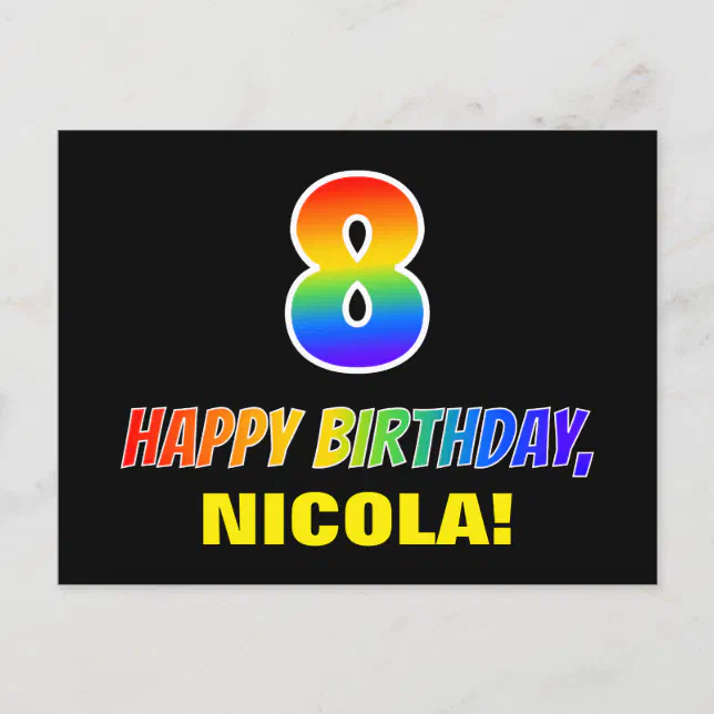 8th Birthday: Bold, Fun, Simple, Rainbow 8 Postcard | Zazzle