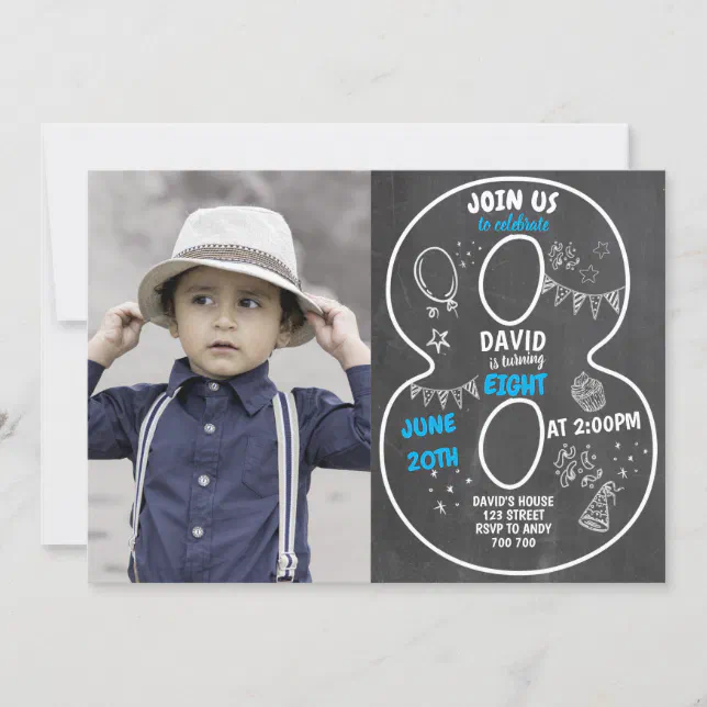 8th Birthday Boy Chalkboard with Photo Number Blue Invitation | Zazzle