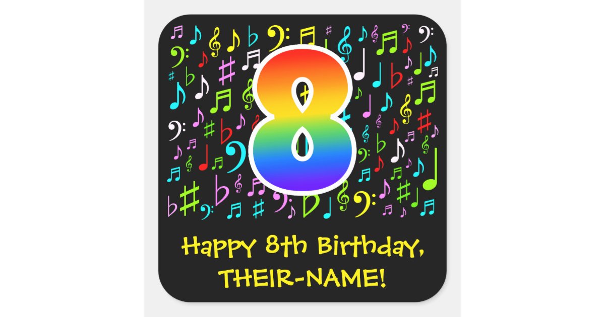 8th Birthday: Colorful Music Symbols, Rainbow 8 Square Sticker | Zazzle