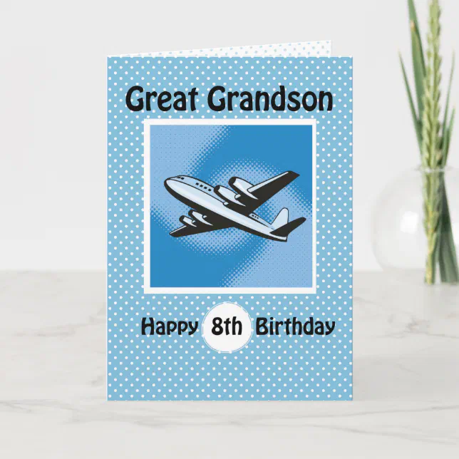 8th Birthday, Great Grandson, Airplane on Blue Card | Zazzle