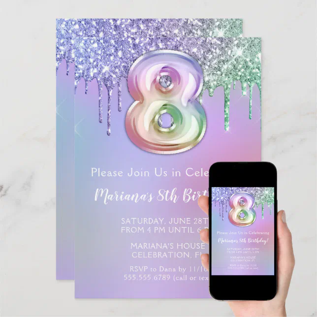 8th Birthday Party Invitation Purple Pink Glitter | Zazzle