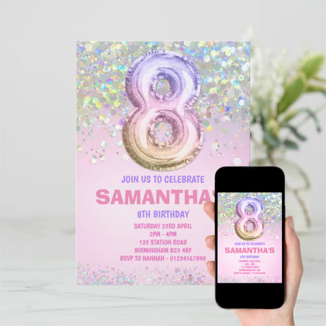 8th Birthday, Rainbow Glitter Birthday Invitation | Zazzle