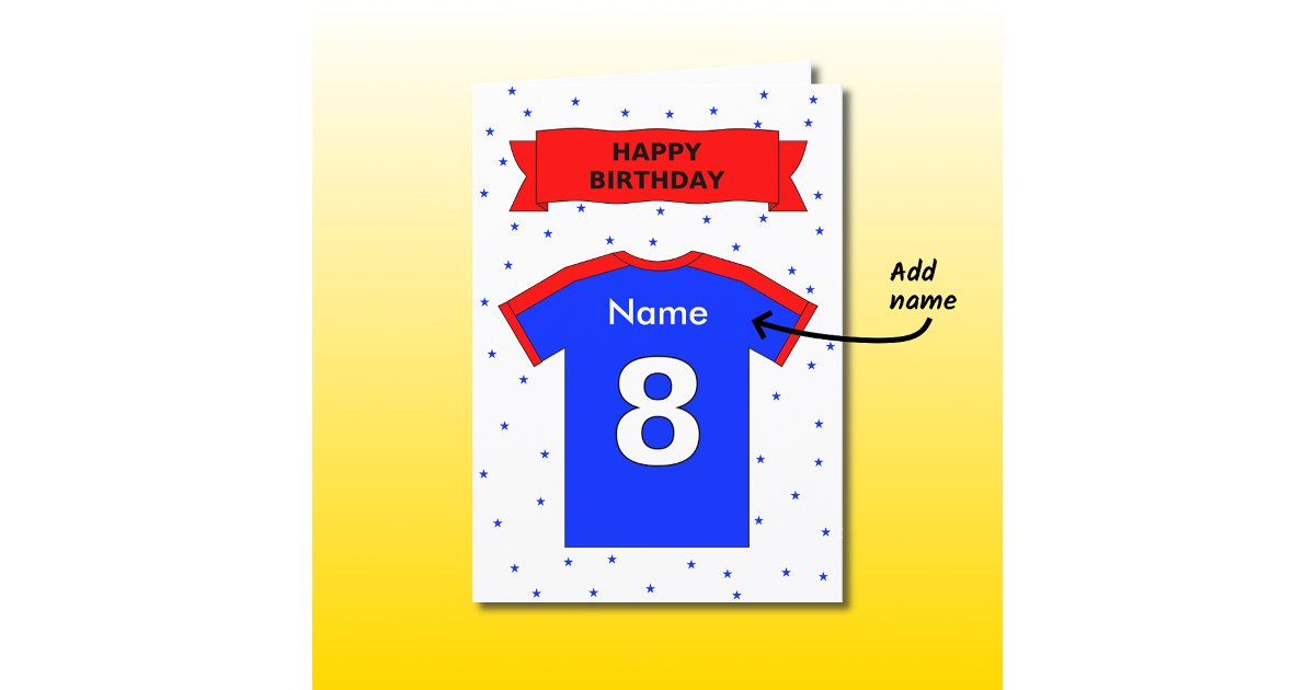 8th birthday red blue t-shirt add a name card | Zazzle