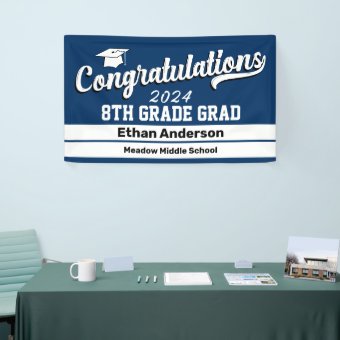 8th Grade Graduation Dark Blue and White Banner | Zazzle