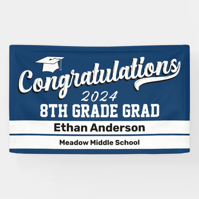 8th Grade Graduation Dark Blue and White Banner | Zazzle