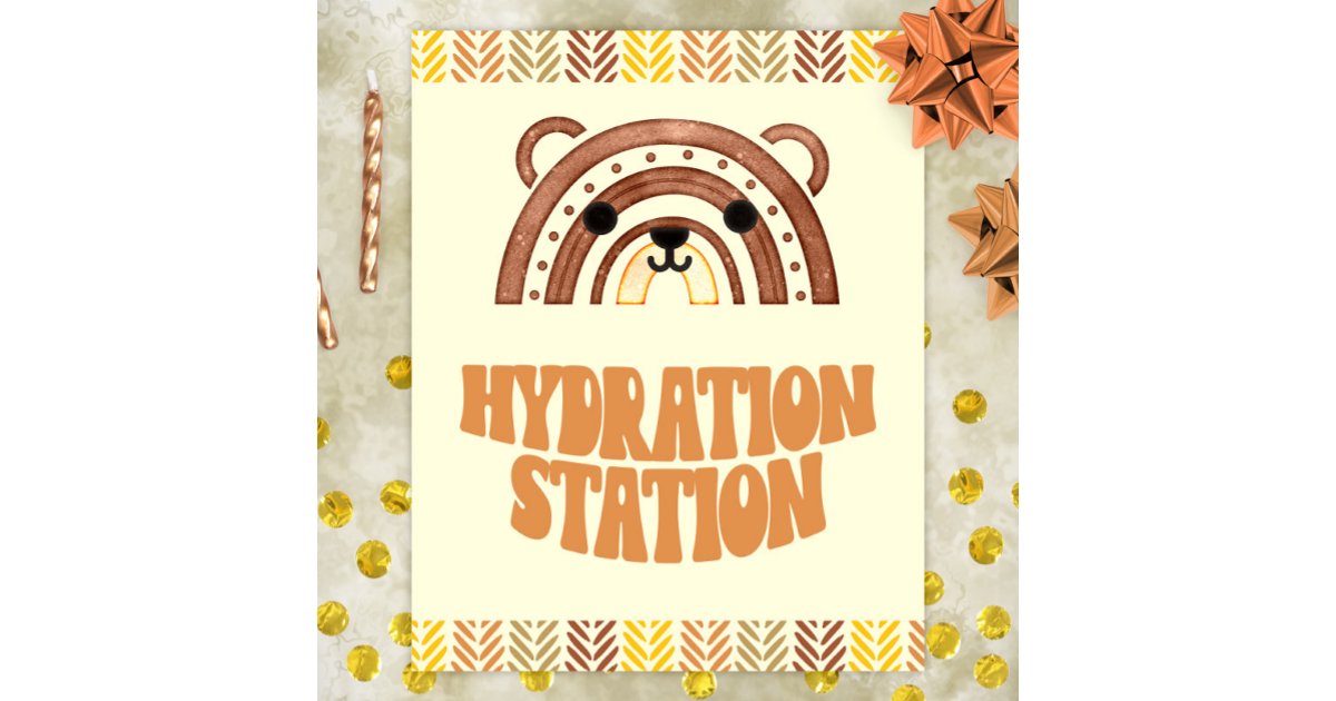 8x10 Hydration Station Boho Woodland Bear Birthday Poster | Zazzle