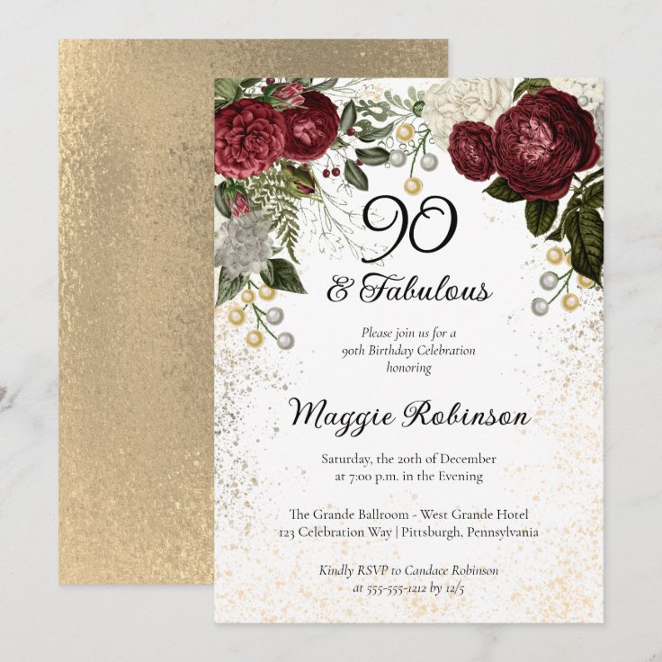 90 and Fabulous Glam Rose Floral Birthday Party Invitation | Zazzle