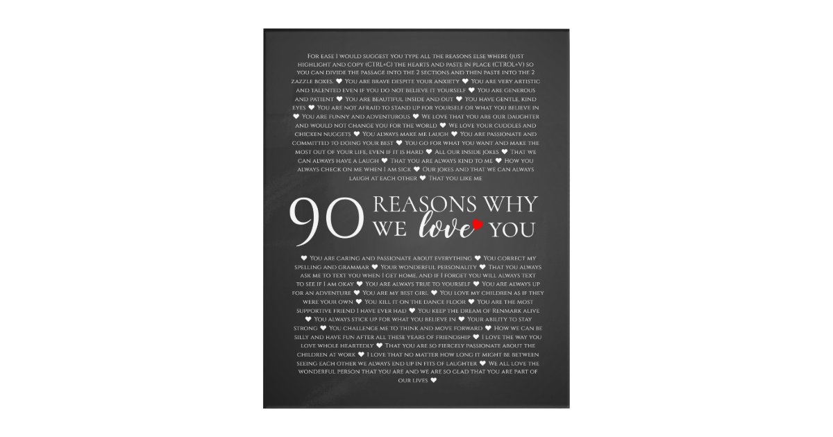 90 reasons why we love you 80th 60th birthday 40th acrylic print | Zazzle