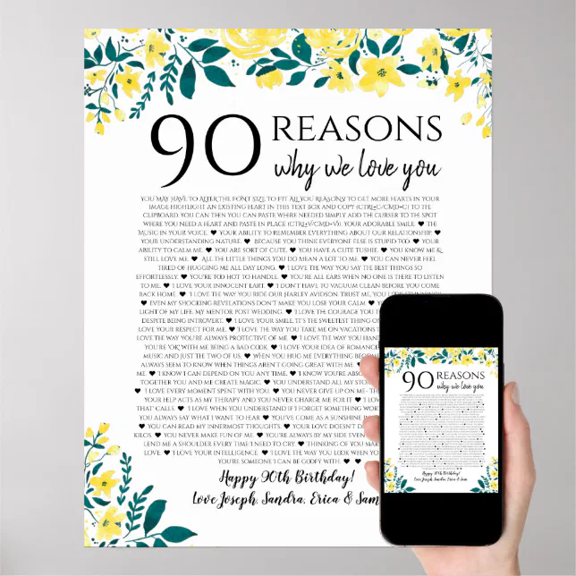 90 reasons why we love you birthday gift yellow poster | Zazzle