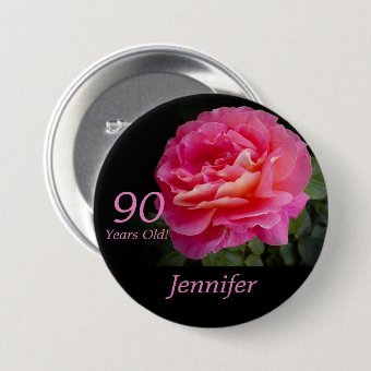 90 Years Old, Pink Rose Button Pin | Zazzle