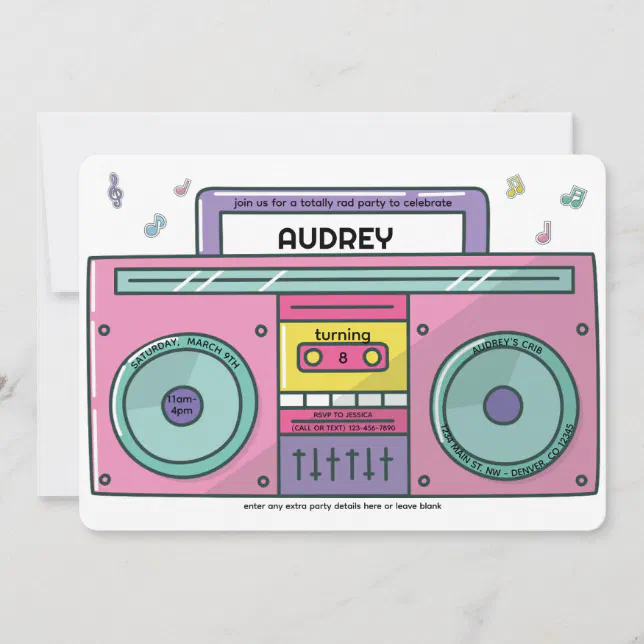 90's Totally Rad Boombox Music Theme Birthday Invitation | Zazzle