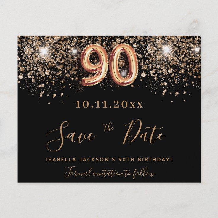90th birthday black glitter budget save the date flyer | Zazzle