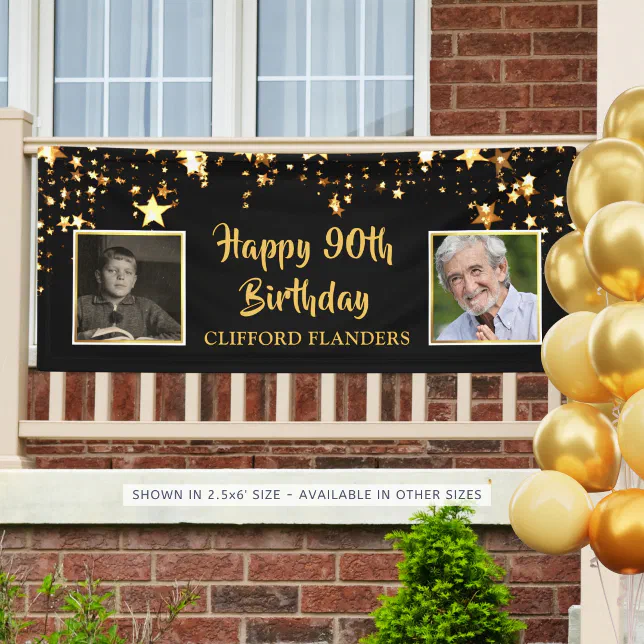90th Birthday Black Gold Stars Photos Personalized Banner Zazzle