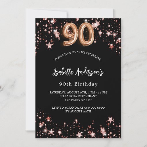 90th Birthday Black Rose Gold Stars Luxury Invitation Zazzle