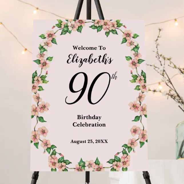 90th Birthday Blush Pink Floral Welcome Sign | Zazzle