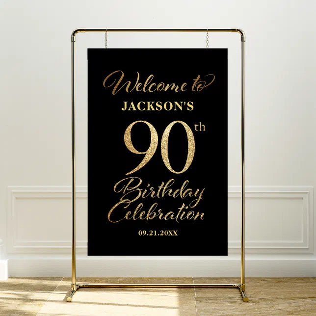 90th Birthday Celebration Black Gold Welcome Sign | Zazzle