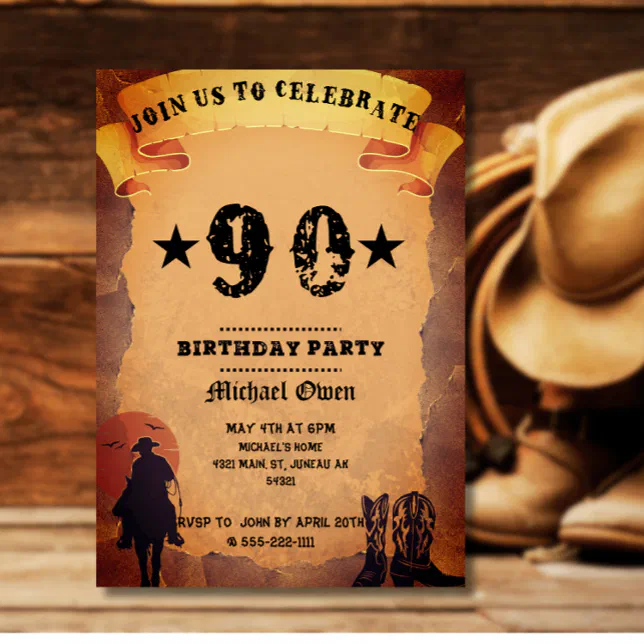 90th birthday cowboy old paper horse riding party invitation | Zazzle