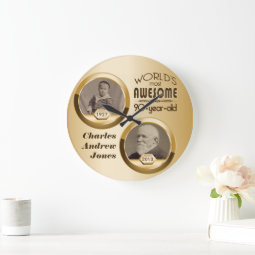 90th Birthday Customized Then Now Gold Photo Frame Large Clock | Zazzle
