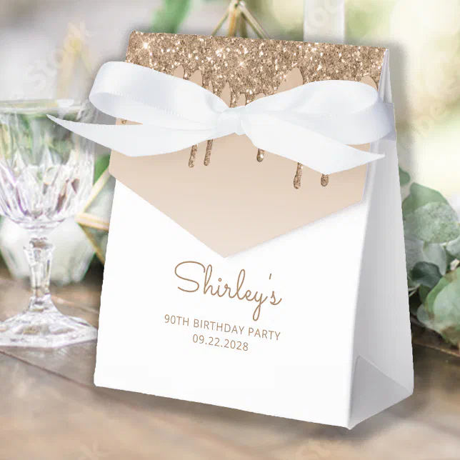 90th Birthday Elegant Gold Glitter Drip Script Favor Boxes | Zazzle