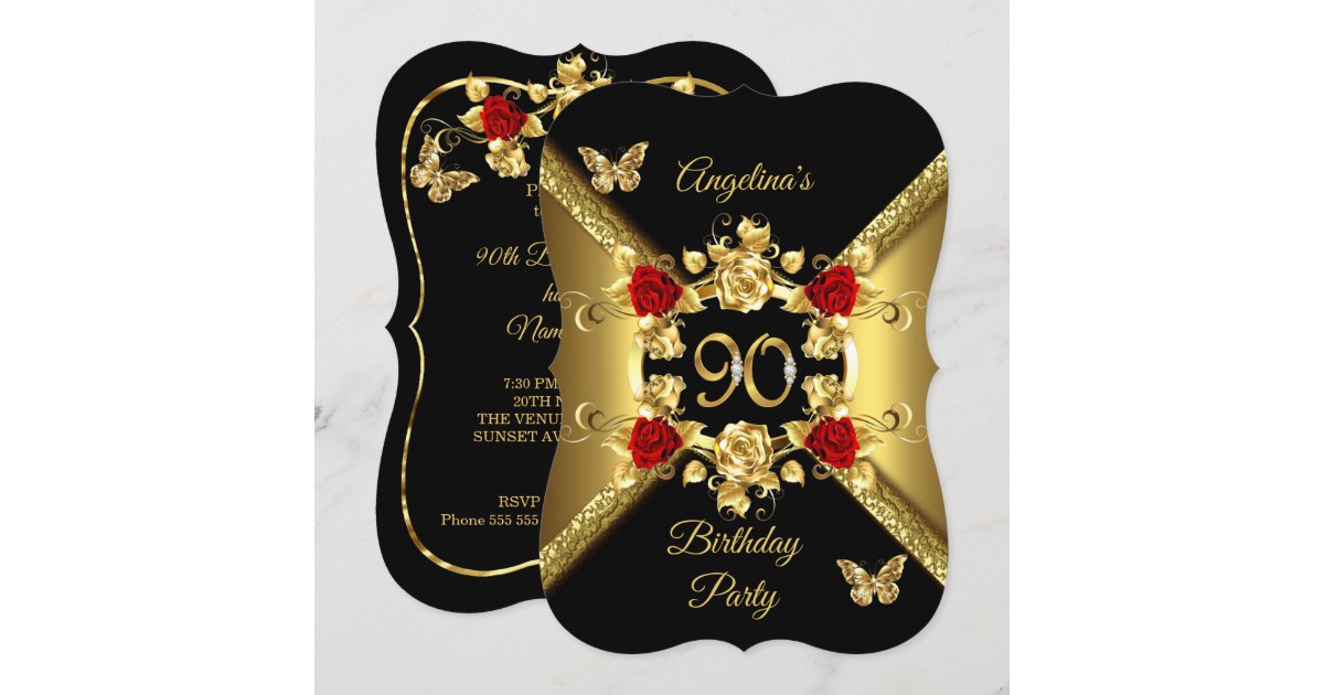 90th Birthday Elegant Gold Red Roses Black Invitation | Zazzle