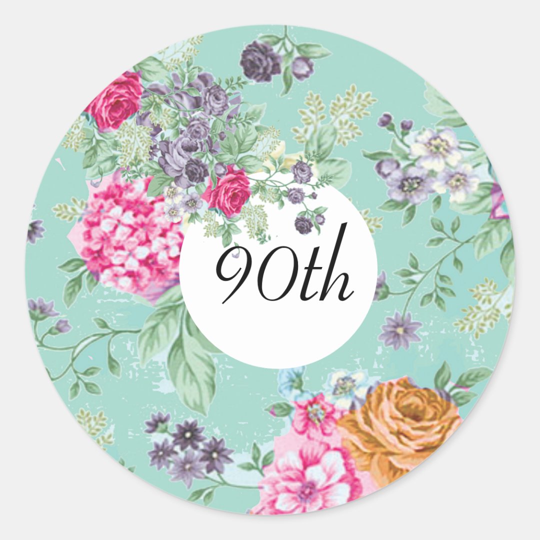 90th Birthday Floral Birthday Blue Classic Round Sticker | Zazzle
