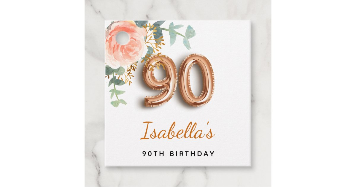 90th birthday floral rose gold eucalyptus monogram favor tags | Zazzle