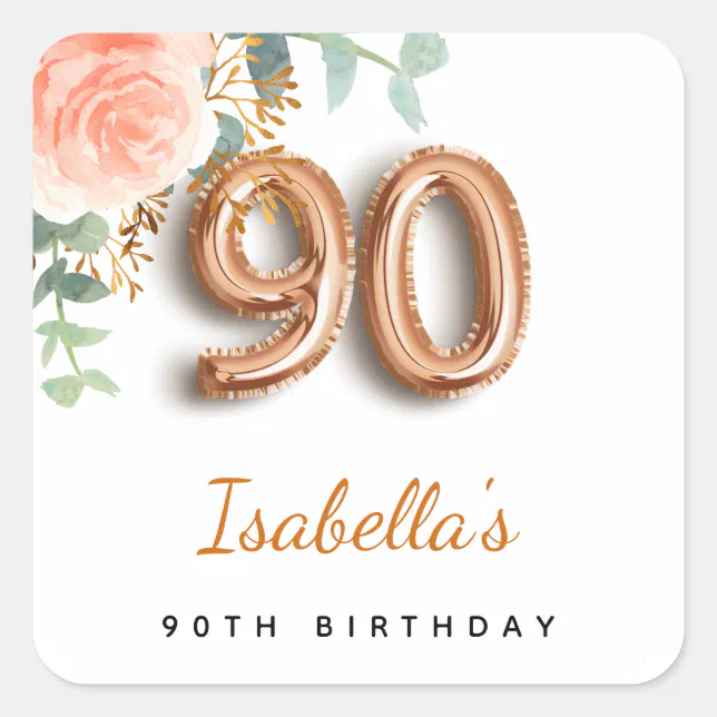 90th birthday floral rose gold eucalyptus monogram square sticker | Zazzle