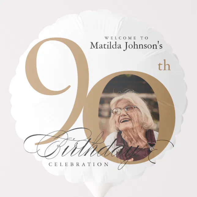 90th Birthday Gold Calligraphy Custom Photo White Balloon | Zazzle