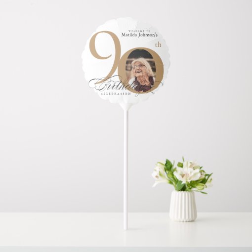 90th Birthday Gold Calligraphy Custom Photo White Balloon | Zazzle