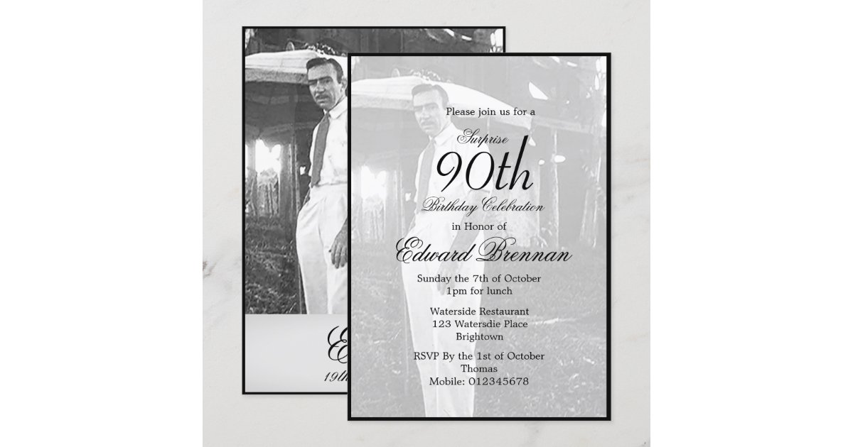 90th Birthday Male Stylish Photo Monogram Birthday Invitation | Zazzle