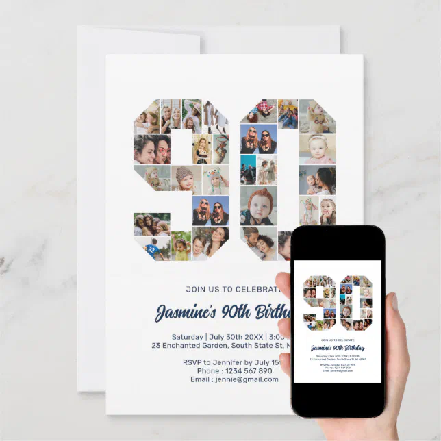 90th Birthday Number 90 Custom Photo Collage Invitation | Zazzle