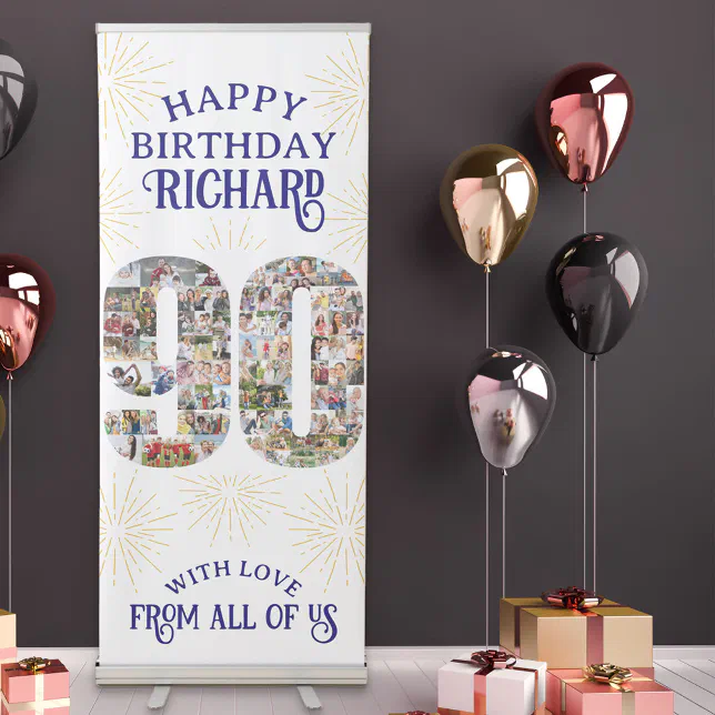 90th Birthday Number with 90 Photos Welcome Retractable Banner | Zazzle