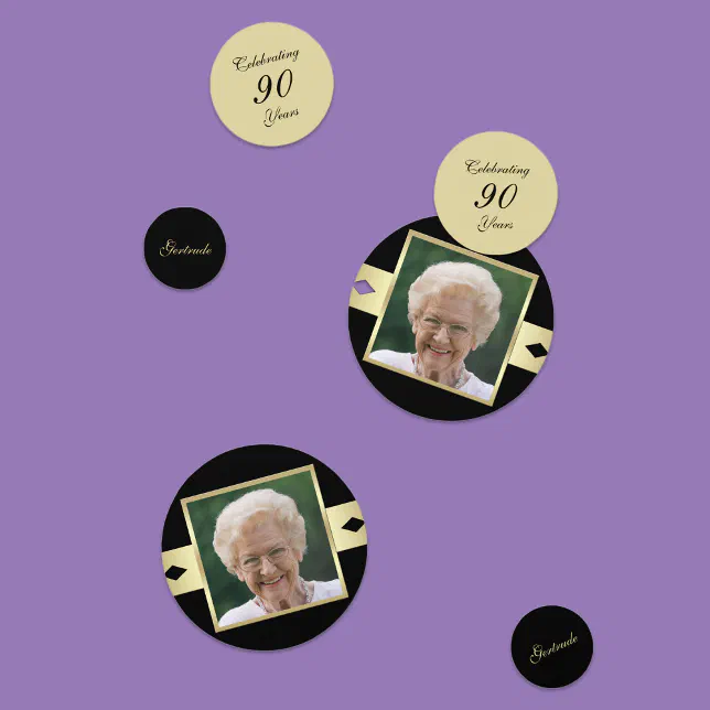 90th Birthday Party confetti with Photo in Black | Zazzle