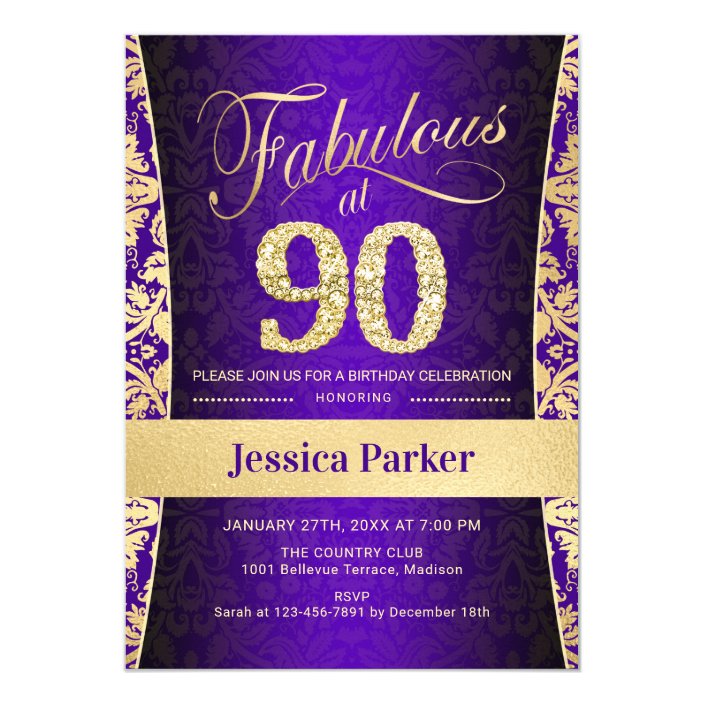 90th Birthday Party - Gold Purple Invitation | Zazzle.com
