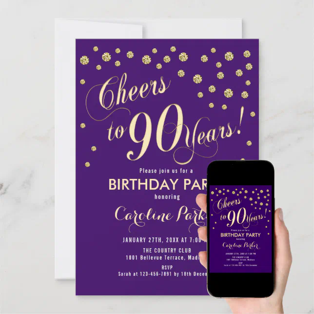 90th Birthday Party Invitation - Gold Purple | Zazzle