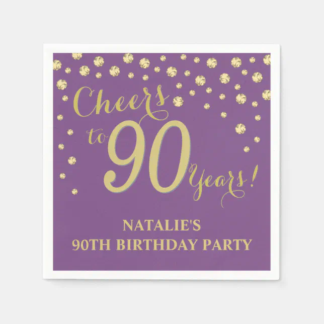 90th Birthday Party Purple and Gold Diamond Napkins | Zazzle