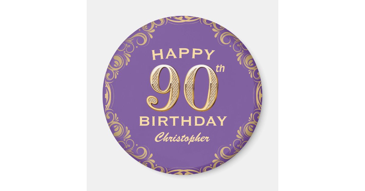 90th Birthday Party Purple and Gold Glitter Frame Magnet | Zazzle