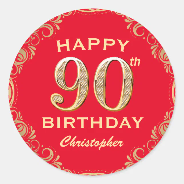 90th Birthday Party Red and Gold Glitter Frame Classic Round Sticker ...